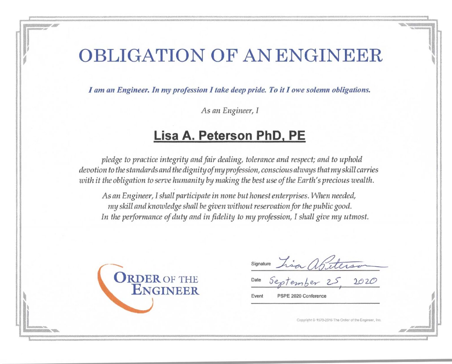 Order of the Engineer Induction of Lisa A. Peterson